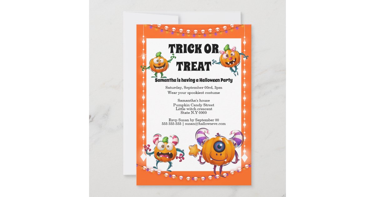 Cute pumpkin monsters kids halloween costume party invitation | Zazzle