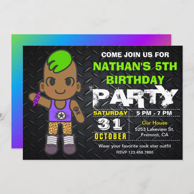 Cute Punk Neon Rock Star Birthday Party Invitation | Zazzle