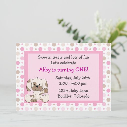 Cute Puppy Dog 1st Birthday Invitation for Girls | Zazzle