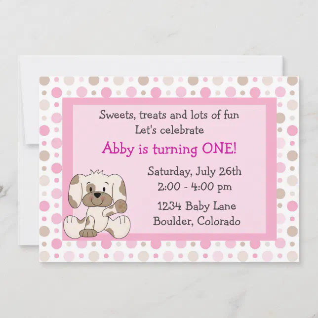 Cute Puppy Dog 1st Birthday Invitation for Girls | Zazzle