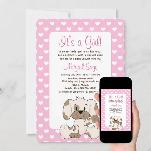 Cute Puppy Dog and Hearts Pink Baby Shower Invitation | Zazzle