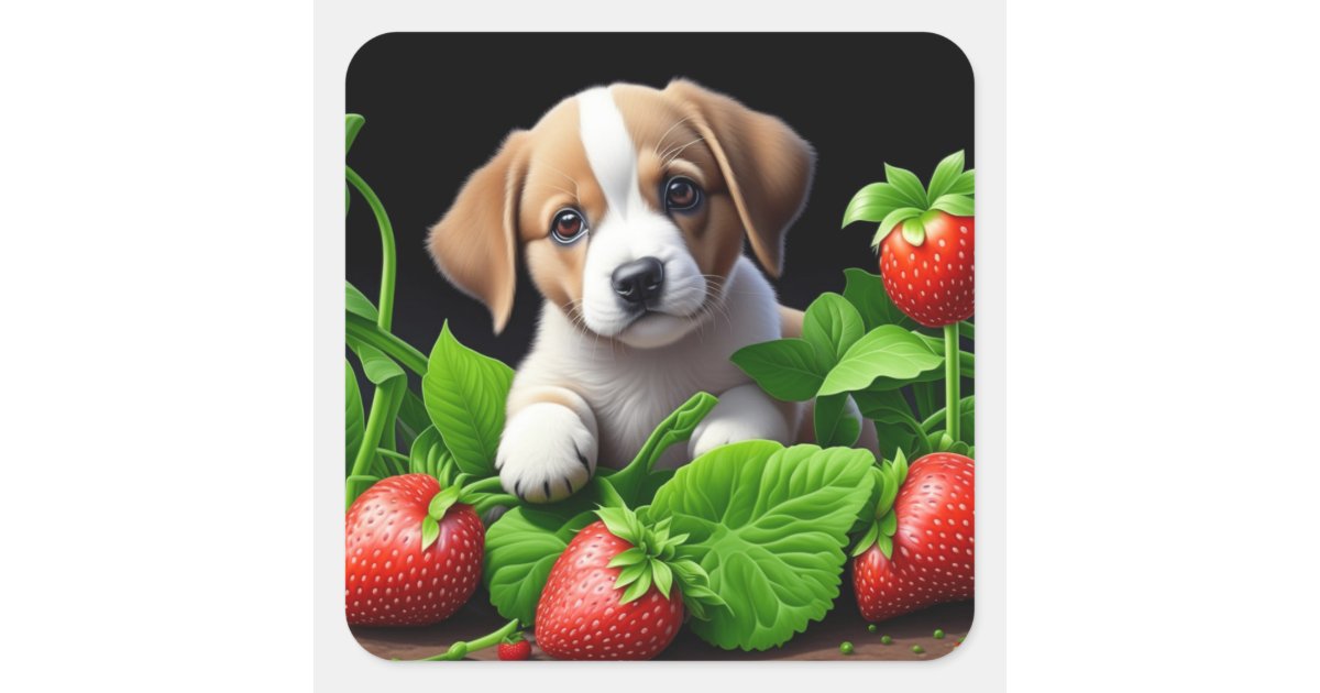 Cute Puppy Dog in a bunch of Strawberries Square Sticker | Zazzle
