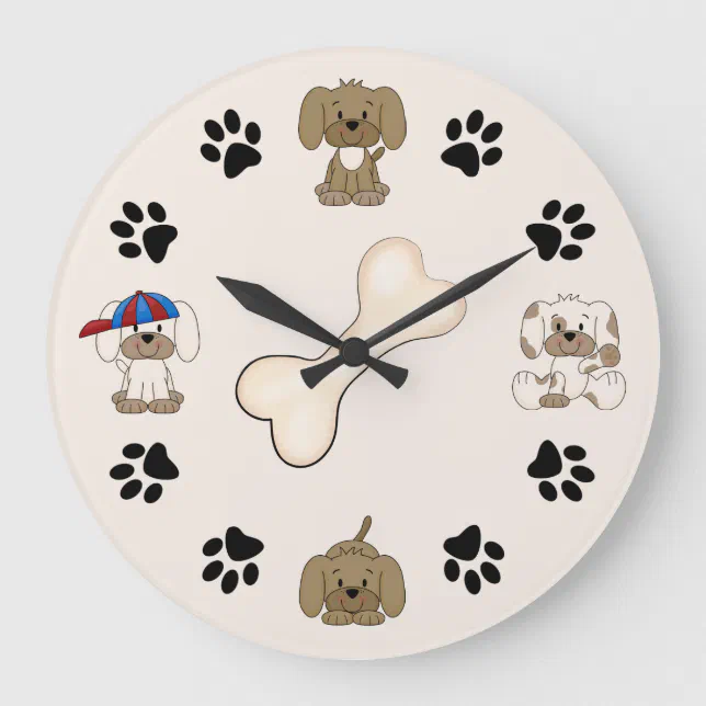 Cute Puppy Dog, Paw Prints and Bone Boys Large Clock | Zazzle