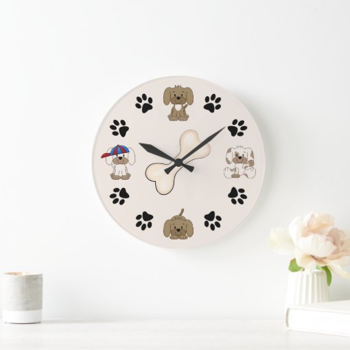 Cute Puppy Dog, Paw Prints and Bone Boys Large Clock | Zazzle