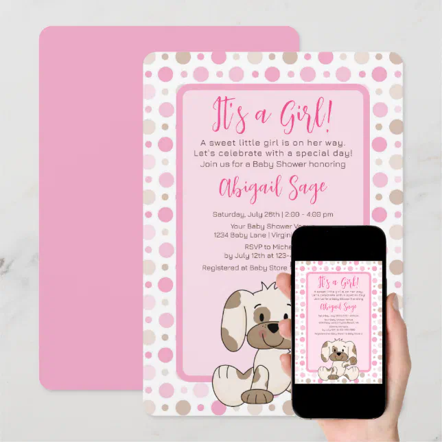 Cute Puppy Dog Pink Polka Dot Baby Shower Invitation | Zazzle