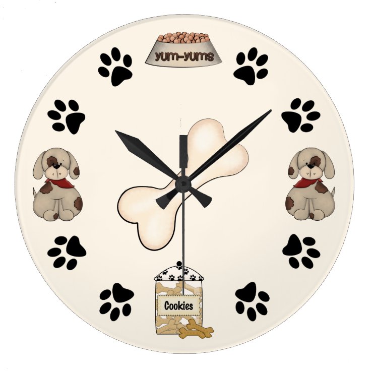 Cute Puppy Dogs, Paw Prints and Bone Large Clock | Zazzle