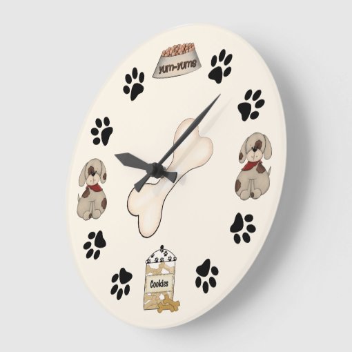 Cute Puppy Dogs, Paw Prints and Bone Large Clock | Zazzle