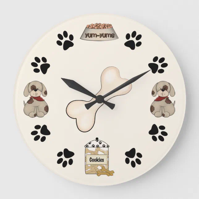 Cute Puppy Dogs, Paw Prints and Bone Large Clock | Zazzle