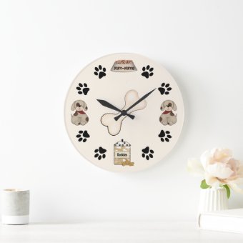 Cute Puppy Dogs, Paw Prints and Bone Large Clock | Zazzle