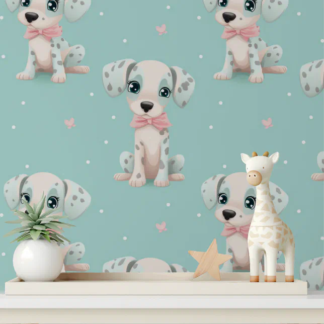 Cute Puppy Dogs Pink Bow Modern Kids Pattern Wallpaper | Zazzle