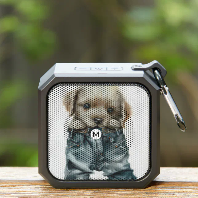 Cute Puppy in Jeans Art Monogram Bluetooth Speaker | Zazzle