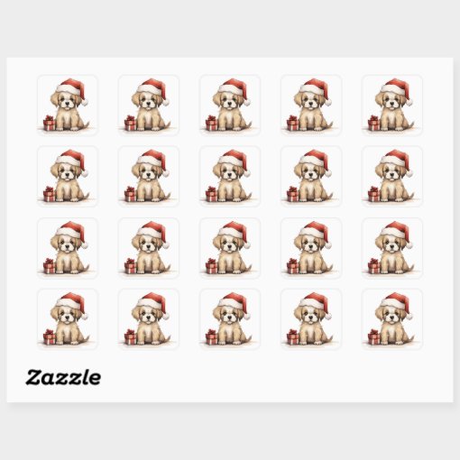 Cute Puppy Wearing a Santa Hat Christmas Square Sticker | Zazzle