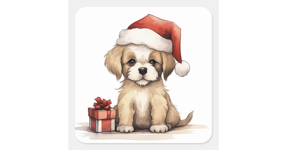 Cute Puppy Wearing a Santa Hat Christmas Square Sticker | Zazzle