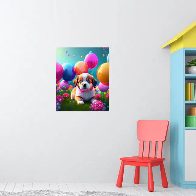 Cute puppy with balloons - sweet poster | Zazzle