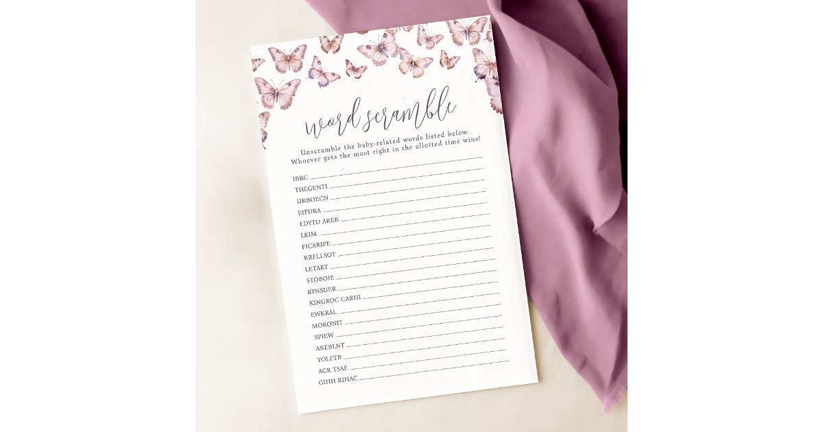 Cute Purple and Pink Butterfly Word Scramble Game | Zazzle