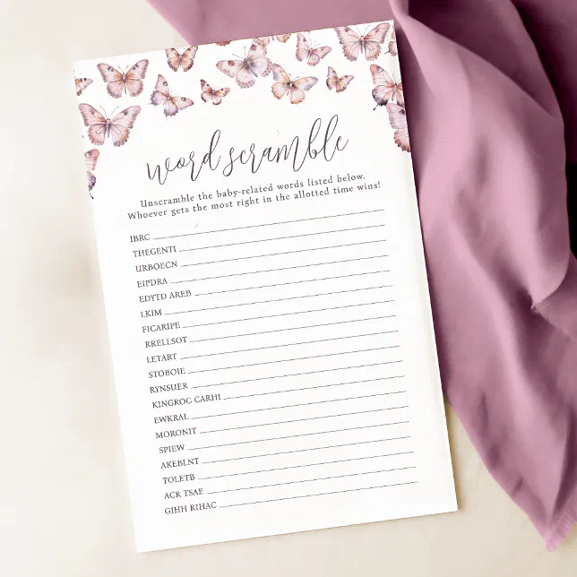 Cute Purple and Pink Butterfly Word Scramble Game | Zazzle