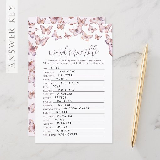Cute Purple and Pink Butterfly Word Scramble Game | Zazzle