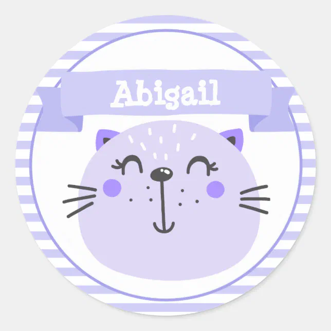 Cute Purple Cat | Personalized Classic Round Sticker | Zazzle