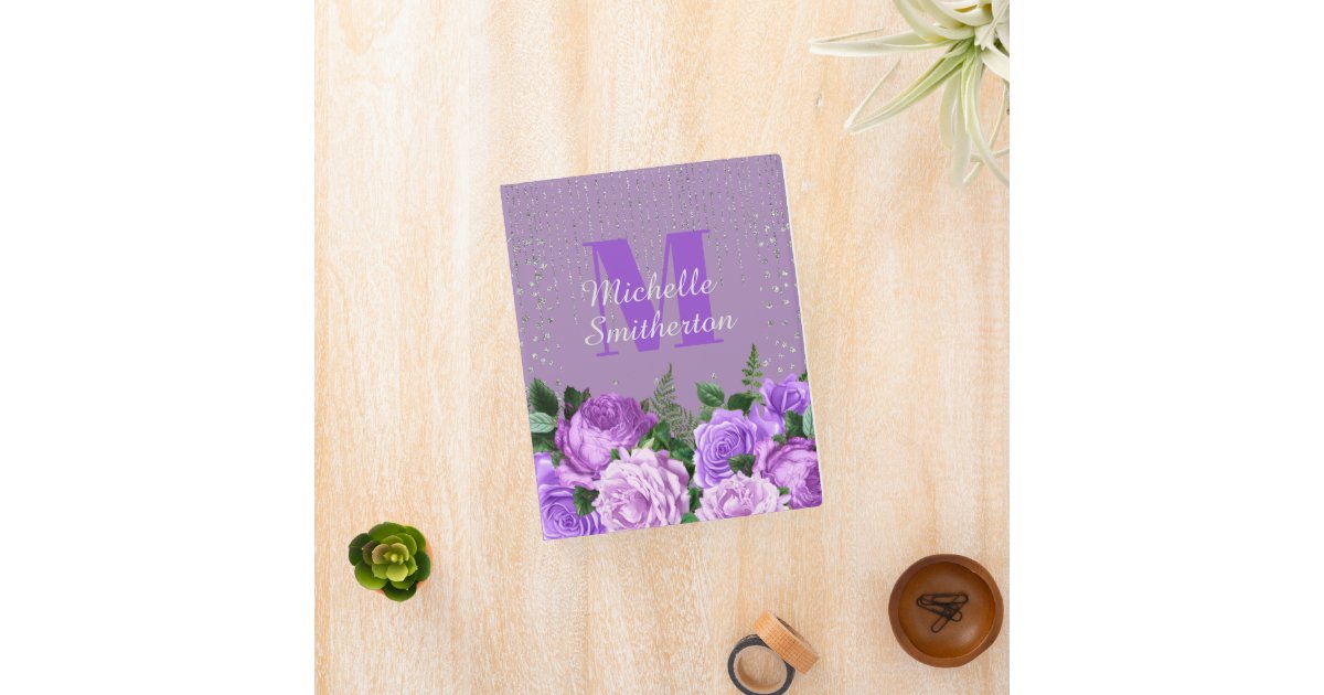 Cute Purple Floral Silver Glitter Monogram Mini Binder | Zazzle