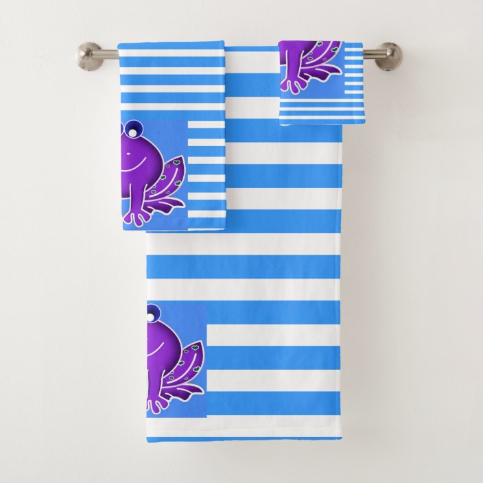 cute purple frog in blue stripes bath towel set | Zazzle.com
