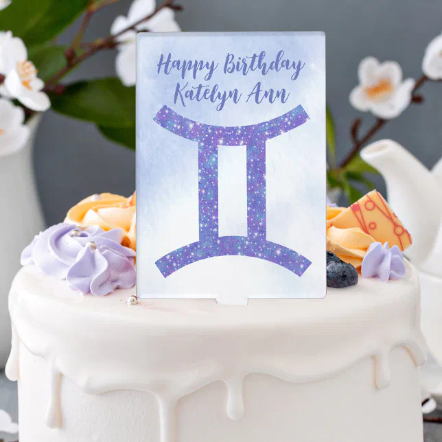 Cute Purple Gemini Astrology Sign Custom Birthday Cake Topper | Zazzle