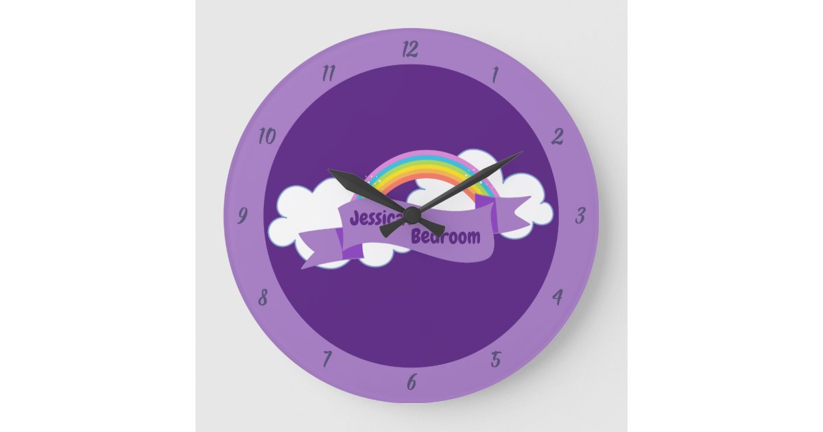Cute Purple Rainbow Monogram Girls Bedroom Large Clock | Zazzle
