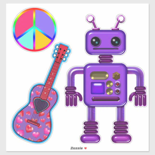 Cute Purple Robot with Peace Sign and Guitar Sticker | Zazzle