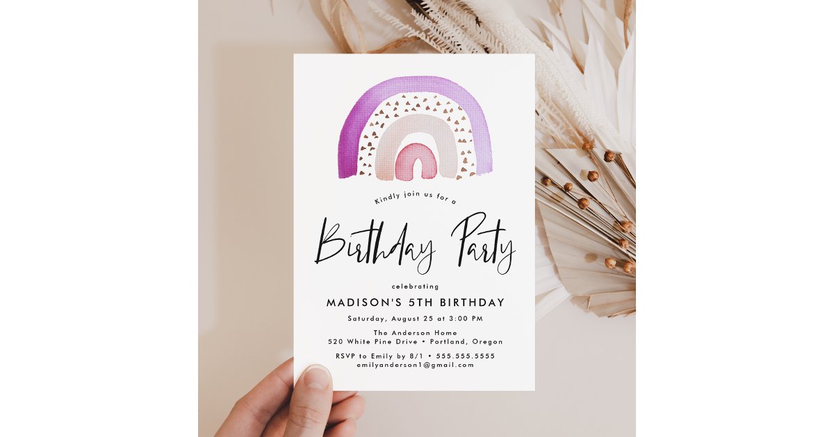 Cute Purple Watercolor Rainbow Birthday Party Invitation | Zazzle