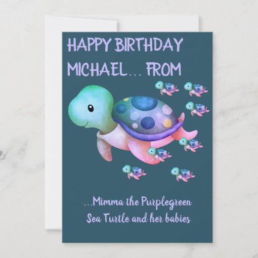 Cute Purplegreen Sea Turtle & Babies Birthday Card | Zazzle