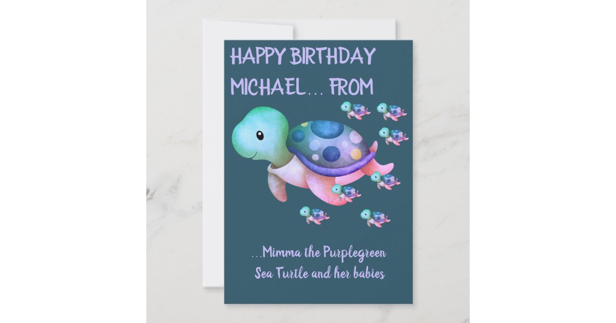 Cute Purplegreen Sea Turtle & Babies Birthday Card | Zazzle