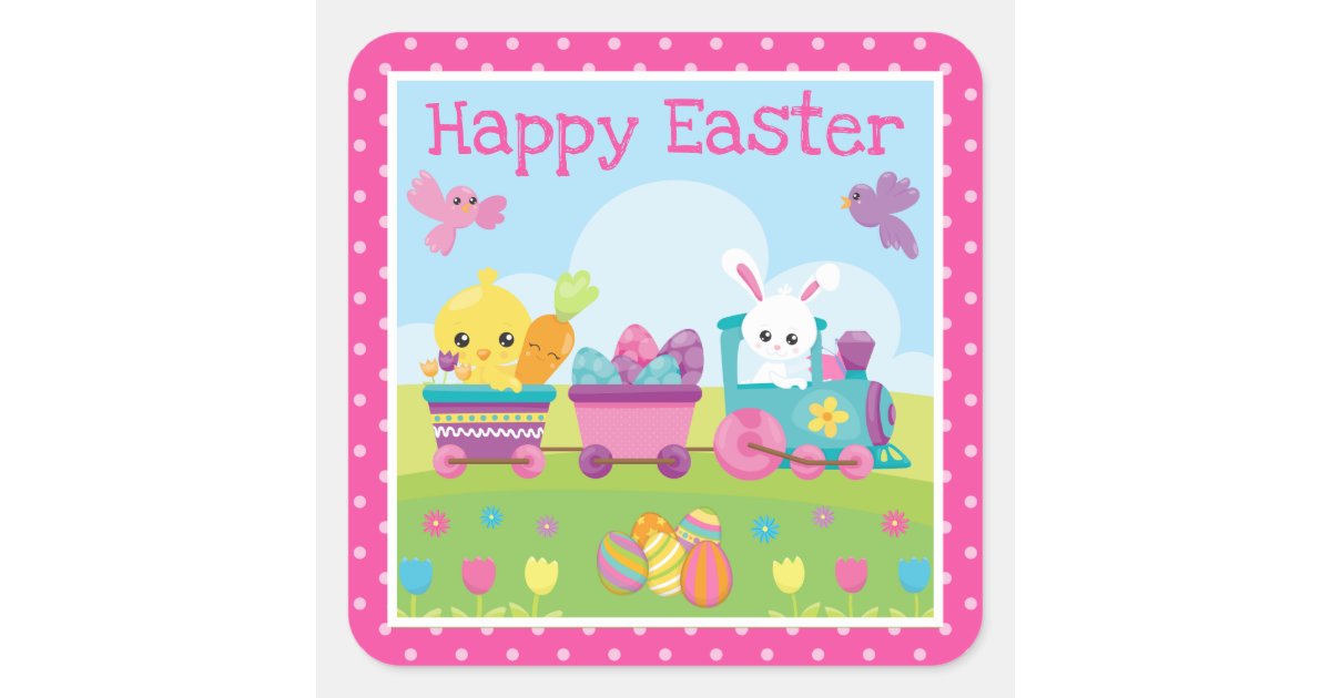 Cute Rabbit, Chick & Chocolate Eggs Train Easter Square Sticker | Zazzle