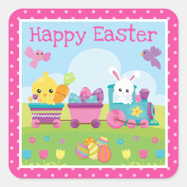 Cute Rabbit, Chick & Chocolate Eggs Train Easter Square Sticker | Zazzle