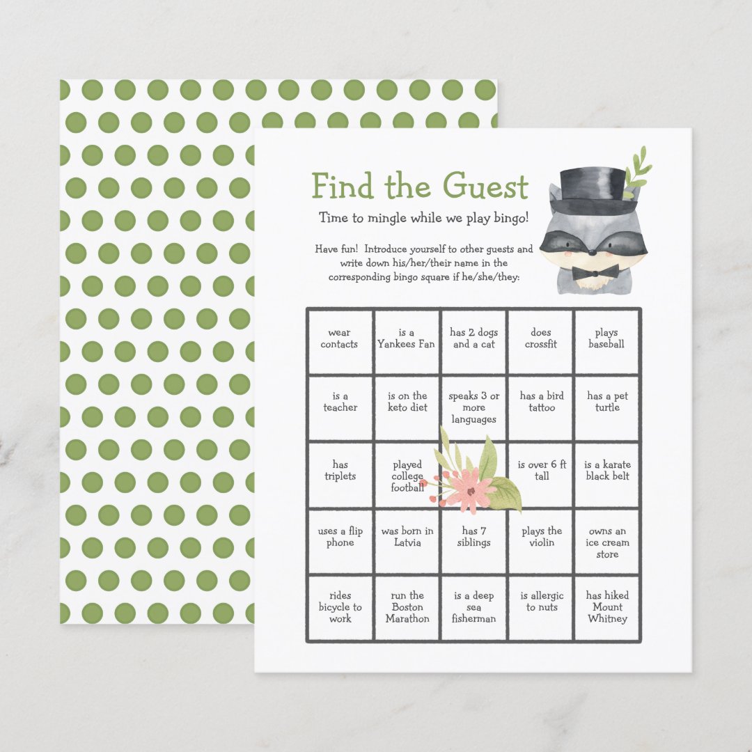 Cute Raccoon Find the Guest Baby Shower Bingo Game | Zazzle
