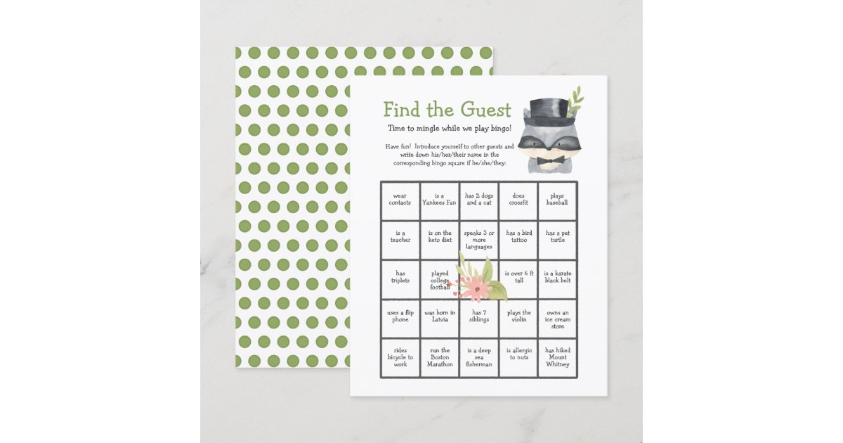 Cute Raccoon Find the Guest Baby Shower Bingo Game | Zazzle