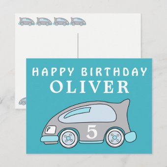 Cute Race Car Blue Happy Birthday Boy Name Postcard | Zazzle