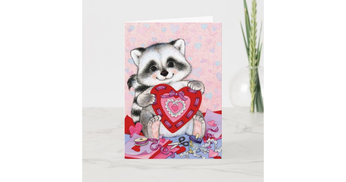 Cute racoon Valentines day customizable card | Zazzle