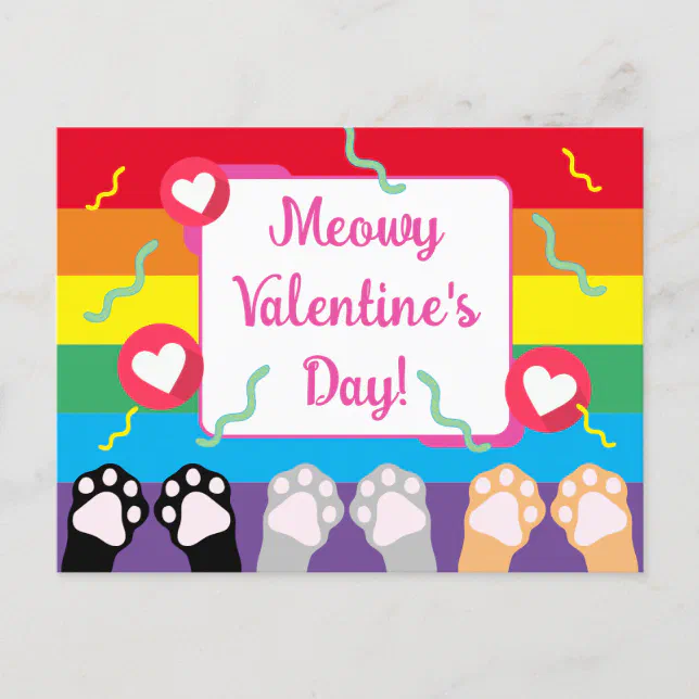 Cute Rainbow Cat Paws Up Happy Valentines Day Holiday Postcard | Zazzle