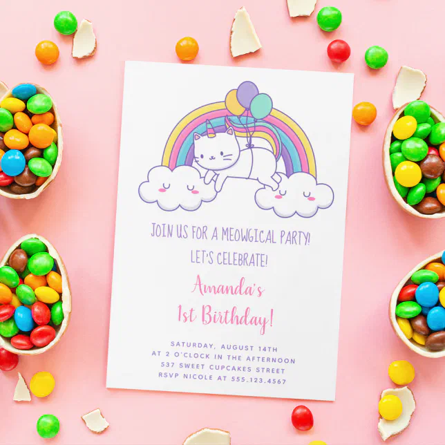 Cute Rainbow Caticorn Birthday Party Invitation | Zazzle