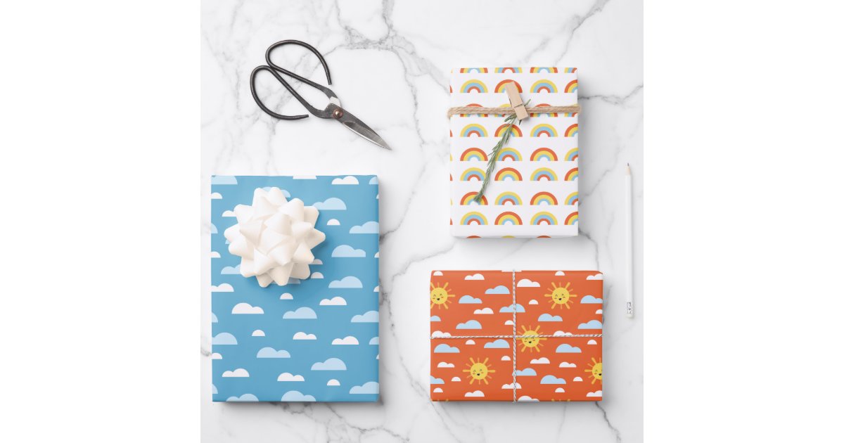 Cute Rainbow Clouds and Sunshine Wrapping Paper Sheets | Zazzle