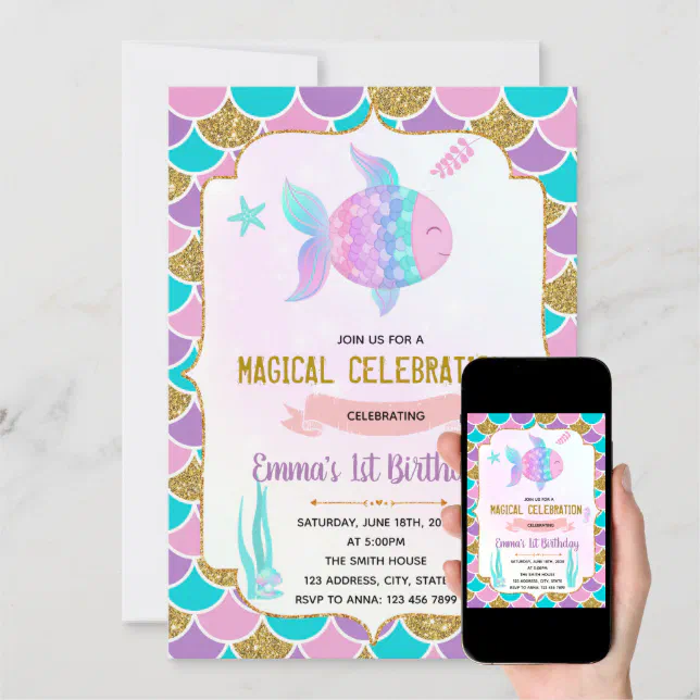 Cute rainbow fish theme invitation | Zazzle