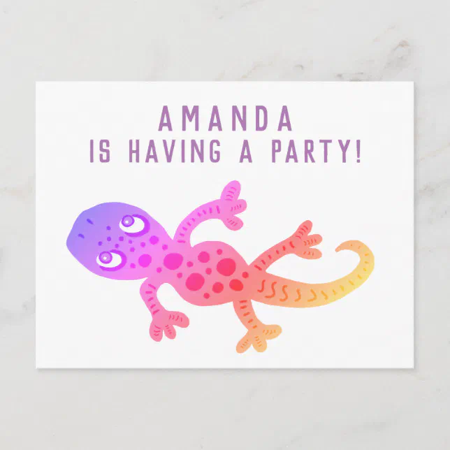 Cute Rainbow Gecko Lizard Birthday Party Invitation Postcard | Zazzle