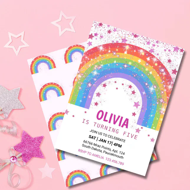 Cute Rainbow Glitter sparkle stars Party Invitation | Zazzle