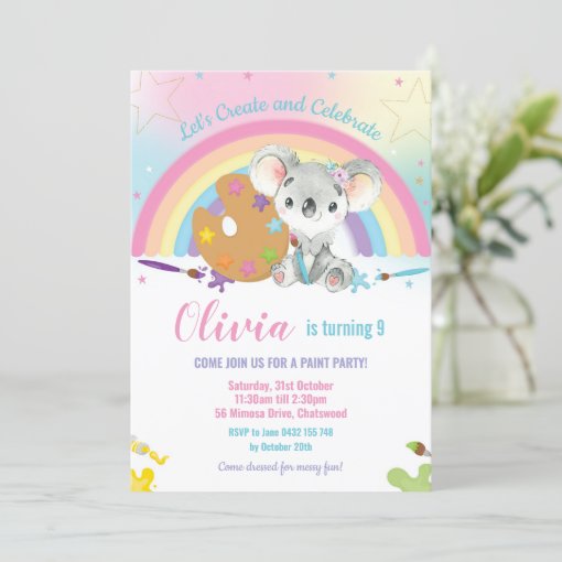 Cute Rainbow Koala Art Paint Birthday Party Girl Invitation | Zazzle