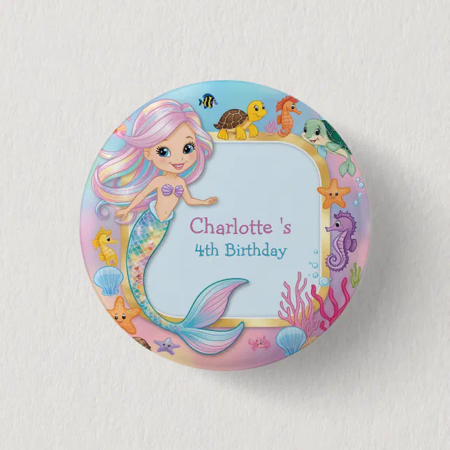 Cute Rainbow mermaid fish seahorse star Birthday Button | Zazzle