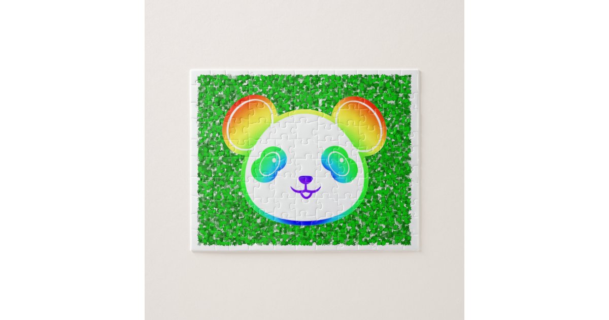 Cute Rainbow Panda Bear On Foliage Background Jigsaw Puzzle | Zazzle