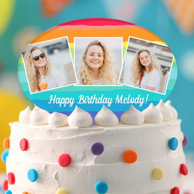 Cute Rainbow Photo Collage Custom Birthday Party Cake Topper | Zazzle