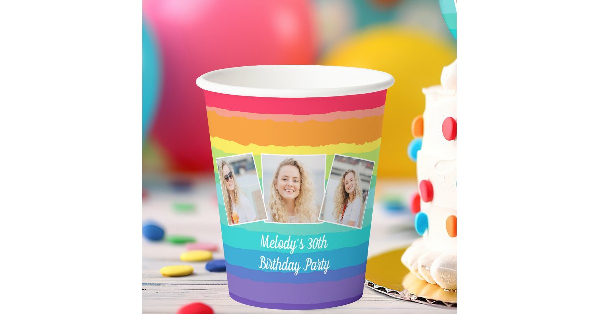 Cute Rainbow Photo Collage Custom Birthday Party Paper Cups | Zazzle