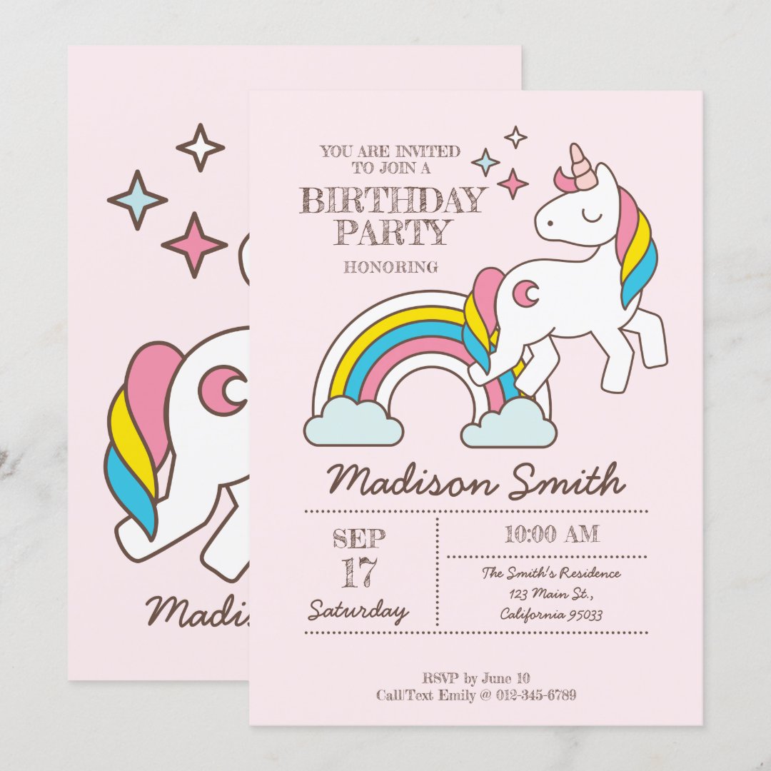 Cute Rainbow Unicorn And Sparkles Birthday Invitation | Zazzle