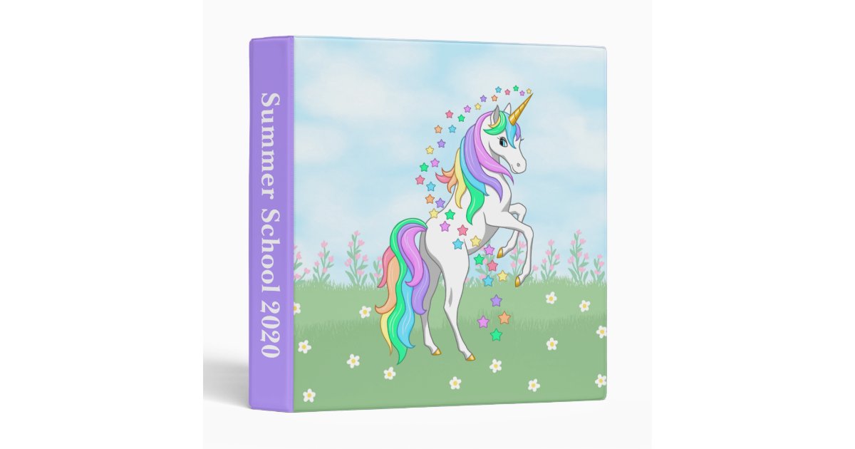 Cute Rainbow Unicorn Colorful Stars & Flowers 3 Ring Binder | Zazzle