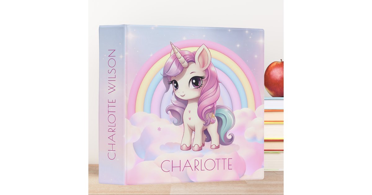 Cute Rainbow Unicorn Custom Back to School 3 Ring Binder | Zazzle
